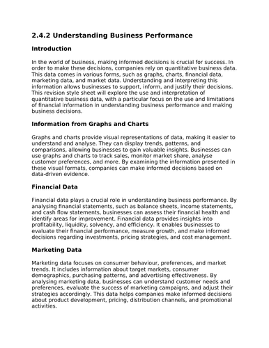 2.4.2 - Understanding business Performance (Revision Sheet) | Teaching ...