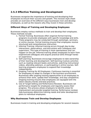 2.5.3 - Effective Training (Revision Sheet) | Teaching Resources