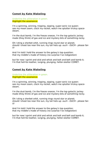 KS2 Poetry Guided Reading, Comet by Kate Wakeling | Teaching Resources