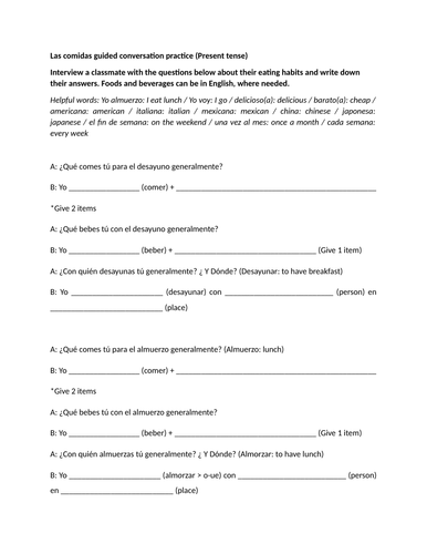 Las comidas guided conversation practice (Present tense) | Teaching ...