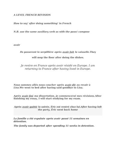 French A Level revision - 'after doing something' apres avoir +apres ...