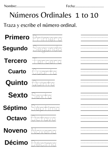 Hoja De Trabajo De Numeros Ordinales 1 10