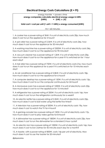 Electrical Energy Costs Calculations (kWh) Worksheet w Solutions ...