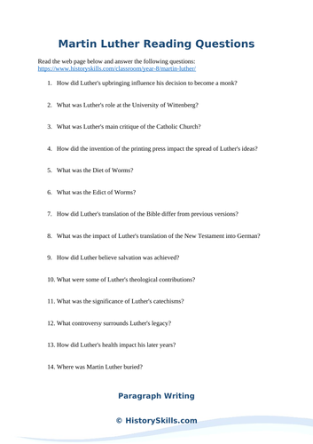 Martin Luther Reading Questions Worksheet | Teaching Resources