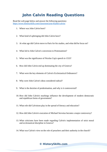 John Calvin Reading Questions Worksheet | Teaching Resources