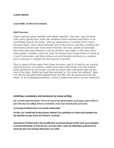 A Level French revision notes on "Au Revoir Les Enfants" | Teaching ...