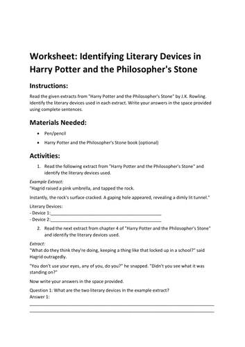 Worksheet: Identifying Literary Devices in Harry Potter and the ...