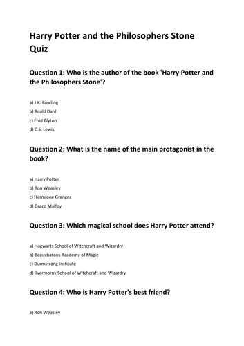 Harry Potter and the Philosophers Stone Quiz | Teaching Resources