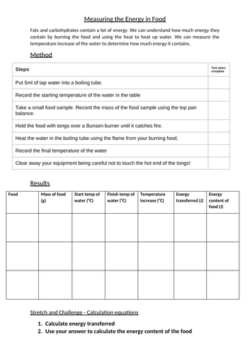 measuring energy in food | Teaching Resources