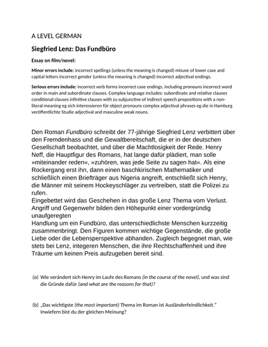 Siegfried Lenz: Das Fundbüro : A LEVEL GERMAN - a bank of essay ...