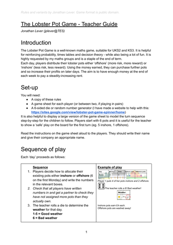 Lobster Pot Maths Game End of Term | Teaching Resources
