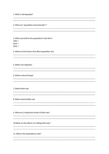 Demography questions | Teaching Resources