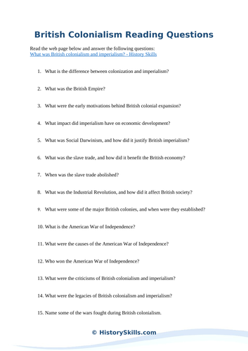 British Colonialism Reading Questions Worksheet | Teaching Resources