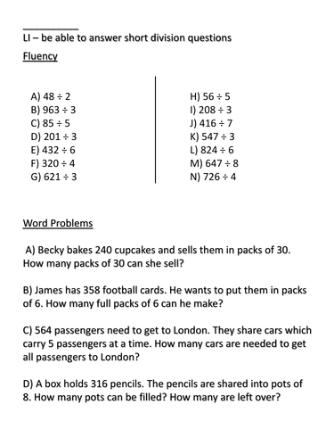 Year 4 Short Division with and without remainders | Teaching Resources