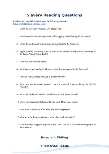 Trans-Atlantic Slavery Reading Questions Worksheet | Teaching Resources