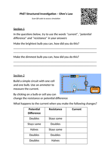 Ohm's Law - PhET Structured Investigation | Teaching Resources