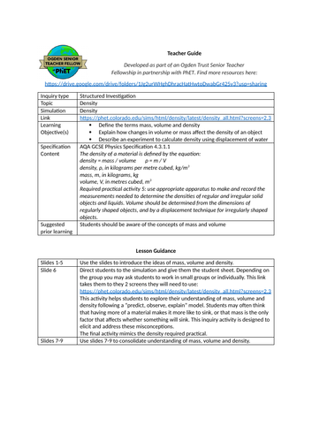 Density - PhET Structured Investigation | Teaching Resources