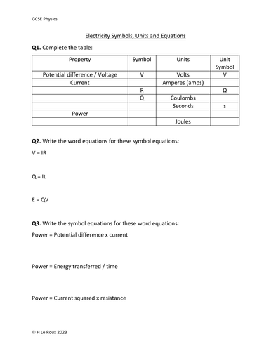 Electricity Symbols, Units and Equations - GCSE Physics | Teaching ...