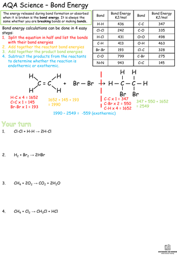 AQA - Chemical and Energy Changes - Bond energy calculations | Teaching ...