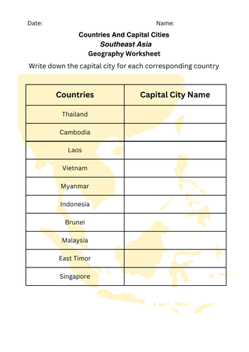 Countries And Capital Cities In Southeast Asia Geography Worksheet With ...