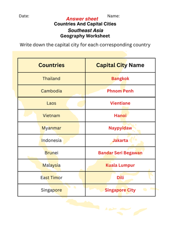 Countries And Capital Cities In Southeast Asia Geography Worksheet With ...