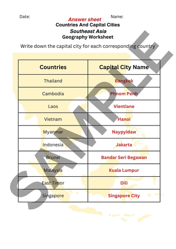 Countries And Capital Cities In Southeast Asia Geography Worksheet With ...