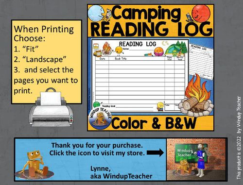 Summer Camping Reading Log with or without Parent Signature - Color and ...