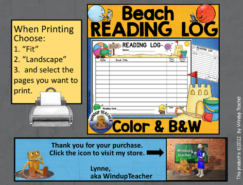 Summer Beach Reading Log with or without Parent Signature - Color and B ...