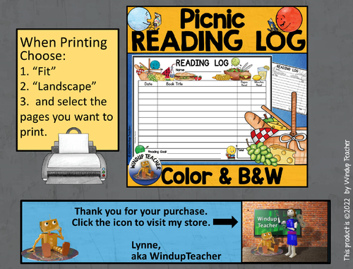 Summer Picnic Reading Log with or without Parent Signature - Color and ...