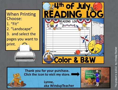 Fourth of July Summer Reading Log with Parent Signature - Color and B&W ...
