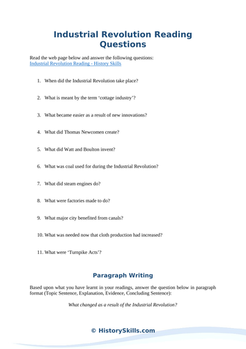 Industrial Revolution Reading Questions Worksheet | Teaching Resources