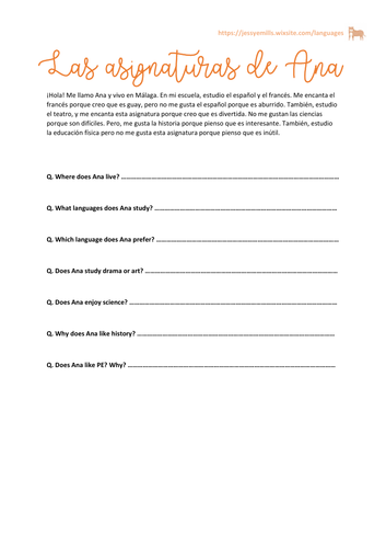 Spanish Reading Comprehension - Subjects | Teaching Resources