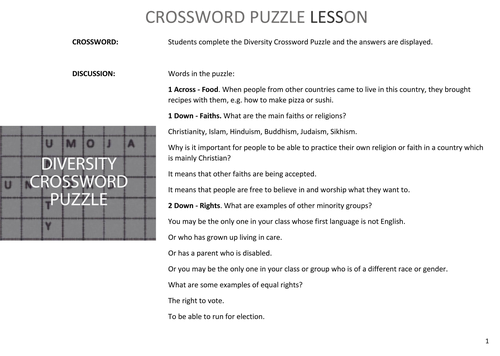 Diversity Crossword Puzzle and Lesson (UK) | Teaching Resources
