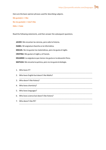 Spanish Writing - Subjects | Teaching Resources