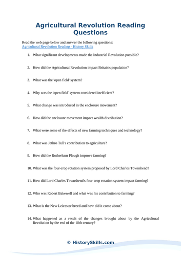 Agricultural Revolution Reading Questions Worksheet | Teaching Resources