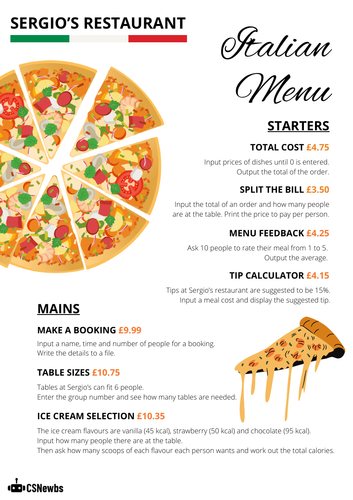 Sergio's Restaurant - GCSE Python Tasks | Teaching Resources