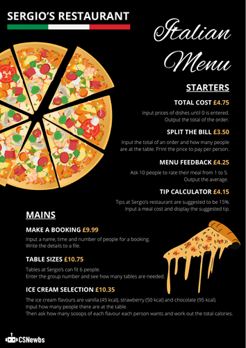 Sergio's Restaurant - GCSE Python Tasks | Teaching Resources