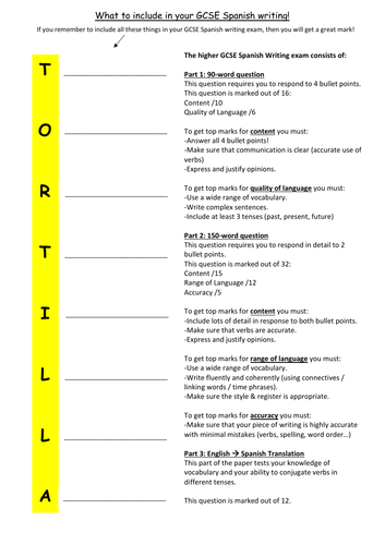 GCSE Spanish Writing Skills Booklet | Teaching Resources