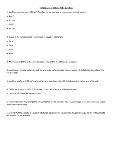GCSE Surface Area to Volume Ratio Worksheet | Teaching Resources
