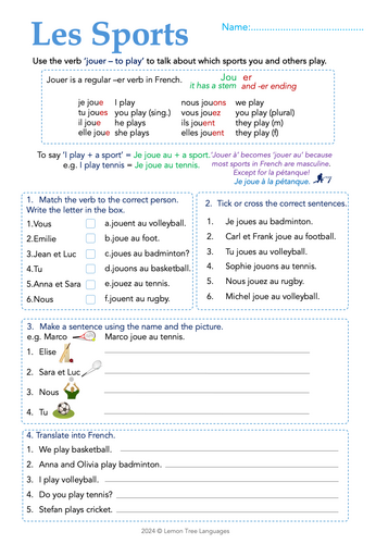 French Sports - Les Sports - Vocabulary and Grammar - Jouer et Faire ...