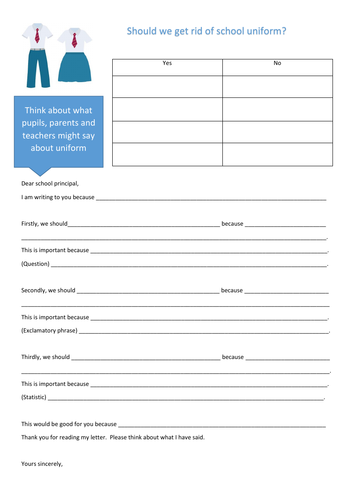 Persuasive Writing Template - Should schools get rid of school uniform ...