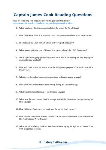 Captain James Cook Reading Questions Worksheet | Teaching Resources