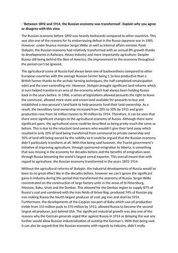 A Level History AQA 1H Tsarist and Communist Russia Essay and Extract ...