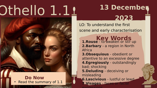 Othello A Level Literature - Lesson 2: Act 1 Scene 1 Iago Fuming | Teaching Resources