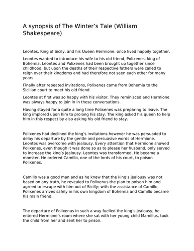"The Winter's Tale" Shakespeare - synopsis of the plot: YEAR 6 ...