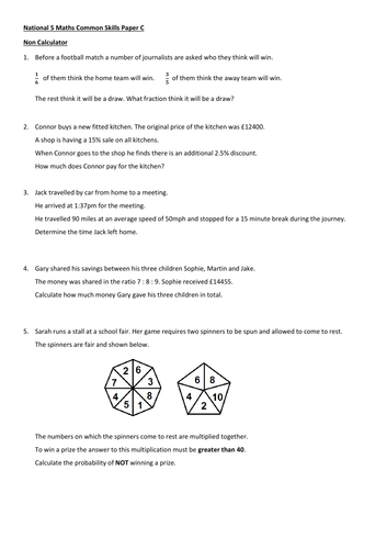Nat 5 Applications of Maths Common Skills Papers | Teaching Resources
