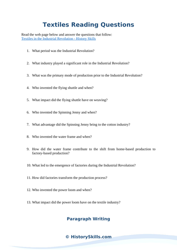 Textiles in the Industrial Revolution Reading Questions Worksheet ...