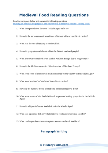 Medieval Food Reading Questions Worksheet | Teaching Resources