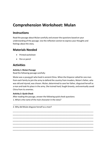 Comprehension Worksheet: Mulan | Teaching Resources