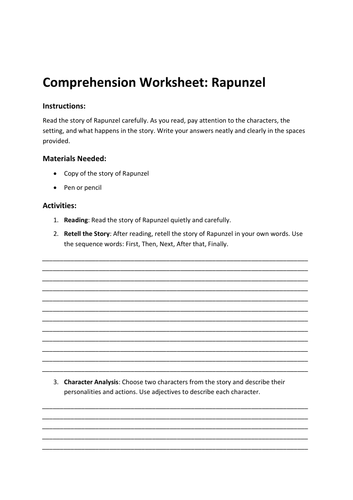 Comprehension Worksheet: Rapunzel | Teaching Resources